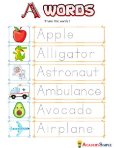 Alphabet Worksheet, Tracing Words - Letter A - Academy Simple