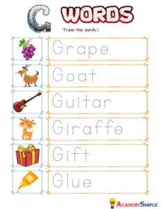 Alphabet Worksheet, Tracing Words - Letter G - Academy Simple