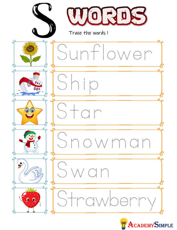 Alphabet Worksheet, Tracing Words - Letter S - Academy Simple