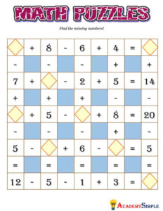 Math Puzzle, Addition and Subtraction Worksheet #3 - Academy Simple
