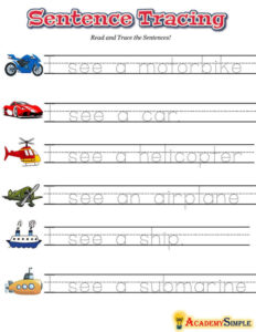 English Writing, Sentence Tracing Worksheets- Vehicles - Academy Simple