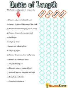 Units of Length Worksheet, Inch, Feet, Yard, Mile - Academy Simple