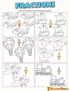 Math, Fraction Worksheets, Coloring Fractions- Vehicles - Academy Simple