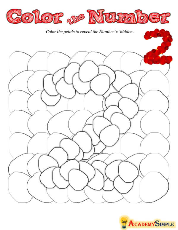 Math Worksheets, Coloring Numbers- Color the Number 2 - Academy Simple