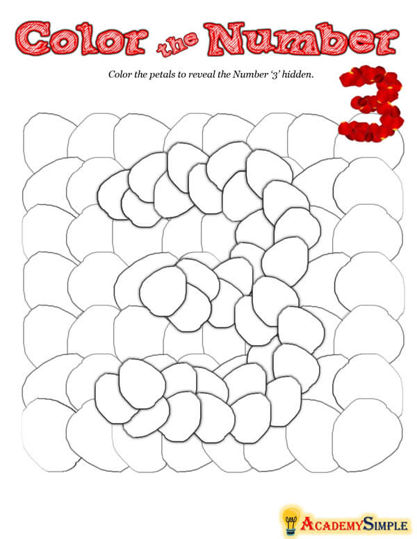 Math Worksheets, Coloring Numbers- Color the Number 3 - Academy Simple