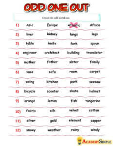 English Words & Vocabulary Worksheets- Odd Word Out #3 - Academy Simple