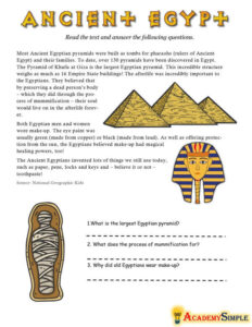 Reading Comprehension Worksheet - Ancient Egypt - Academy Simple