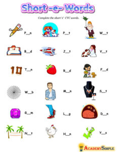 Phonics, Vowels Worksheets- Short 'e' Vowel - Academy Simple