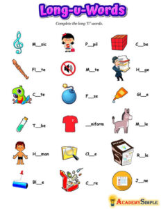 Phonics, Vowels Worksheets- Long-u-Words - Academy Simple