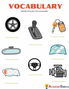 English Words & Vocabulary Worksheets - Automobile Parts - Academy Simple