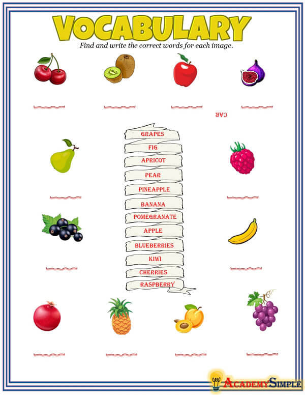 English Words & Vocabulary Worksheets - Fruits - Academy Simple