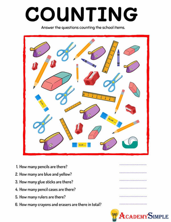 Preschool Activities, Counting Worksheet- Back to School - Academy Simple