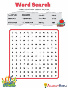 Vocabulary Worksheets, Word Search Activity -Back to School - Academy ...