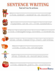 English Writing, Sentence Tracing Worksheets- Fall Season - Academy Simple