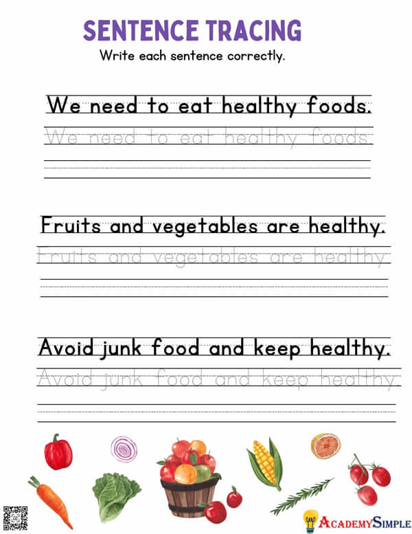 Tracing Sentences Worksheets Sentence Writing Healthy Foods 