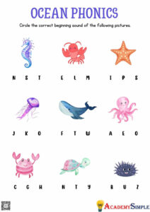 Find the First Letter Worksheet, Phonics - Ocean - Academy Simple
