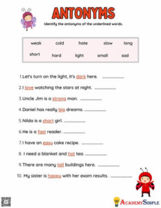 English Worksheets - Opposite Words, Antonyms #2 - Academy Simple