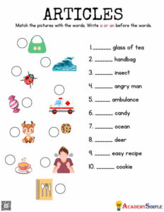 English Grammar Worksheets, Article A-An #11 - Academy Simple
